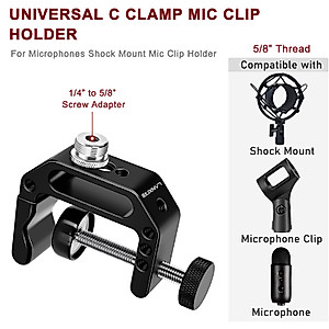 Lanxire Microphone Holder C Clamp with 1/4" and 3/8" Threaded Holes, Mic Clip for Radio Studio, Podcast, Gaming, 5/8" Mic Screw Adapter for Microphones, Max Load 12lb / 5kg