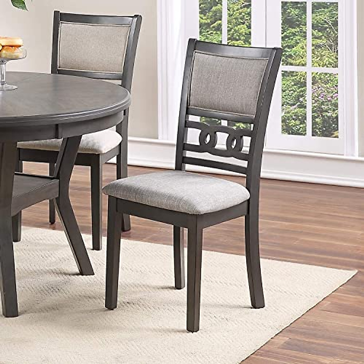 Lepfun Contemporary 5pc Set Round Table with 4X Side Upholstered Chairs with Backrest,Grey Finish Rubberwood Unique Design Funiture for Dining, Resturant and Living Room,Gray