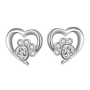 Heart Paw Stud 925 Sterling Silver Cute Cat Dog Paw Print Heart Cz Stud Earrings for Women Memorial Birthday Jewelry