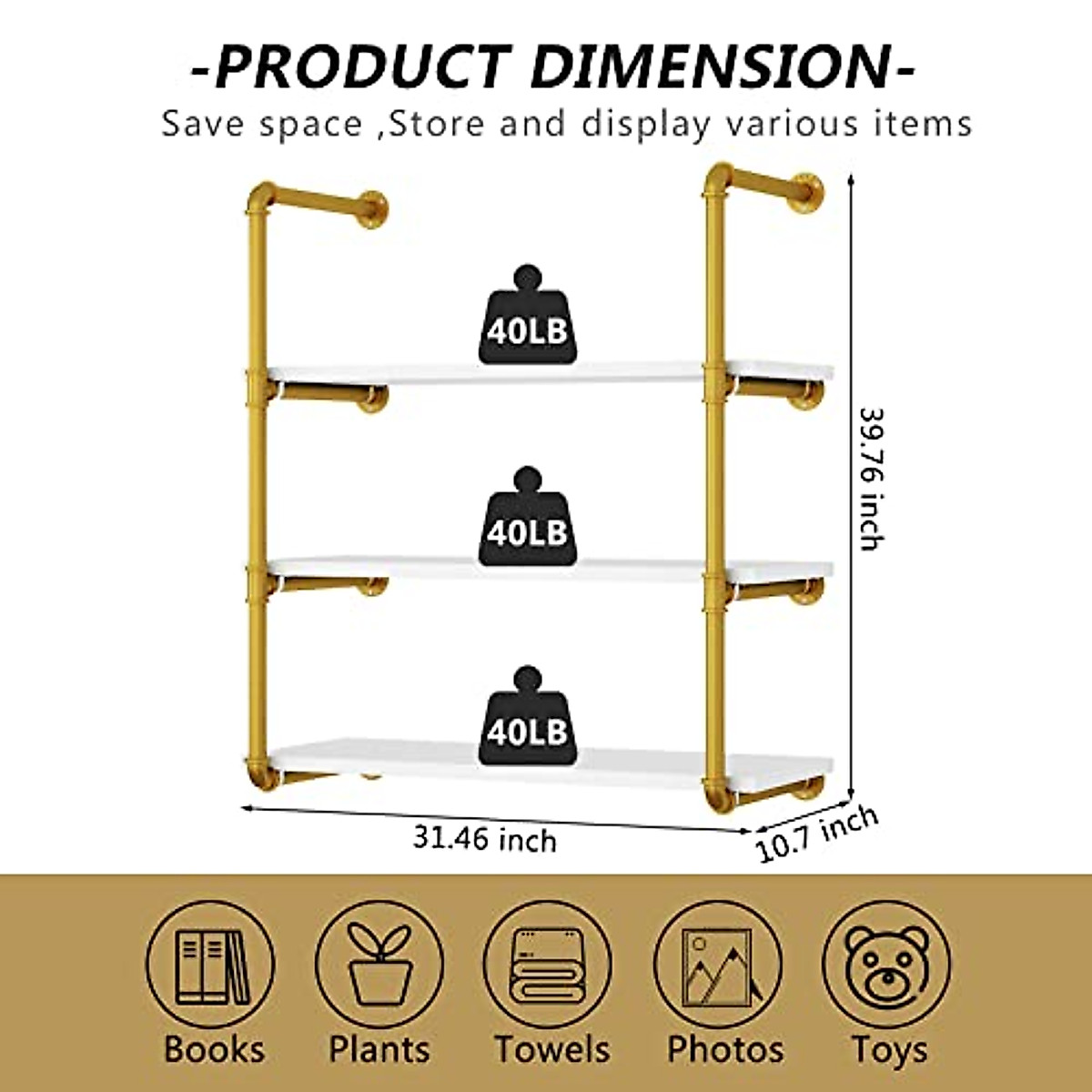 AZERPIAN Floating Shelves Wall Shelf Bathroom Shelving Mounted Industrial Pipe Shelf 3 Tier Ladder Shelves Wall Decor for Bedroom Living Room Wine Bar & Dorm, White