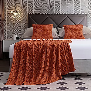 Homiest Cable Knit Throw Blanket and Pillow Set, Rust Throw Blanket Set of 3, Knitted Throw Blanket (50"x60") & 2 Pillow Covers (18"x18"), Soft & Cozy Decorative Throw Blanket for Couch Bed Sofa