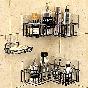 AAUU Corner Shower Caddy Shelf, 3 Sets Adhesive Bathroom Basket Shelf with Hooks, Soap Dish Holder for Toilet, Dorm and