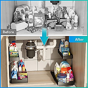 Beriflai Under Sink Organizer 2 Packs, 2 Tier Under Sink Organizers and Storage, Sliding Pull Out Cabinet Basket Organizer for Bathroom Kitchen Pantry, Black