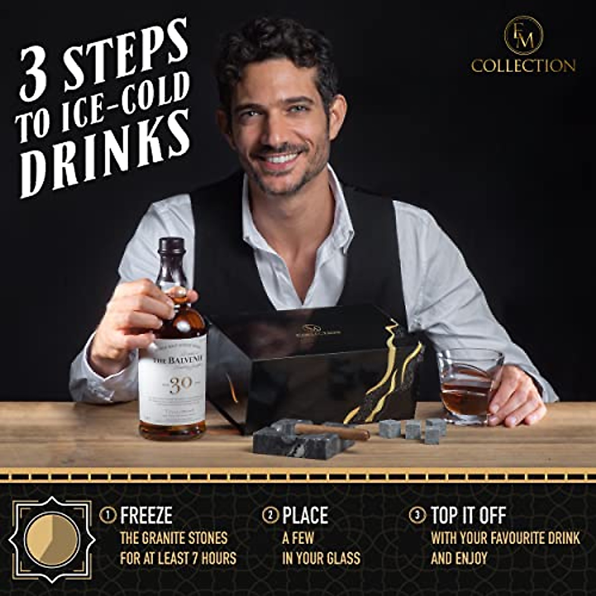 EMCOLLECTION Home Bar Crystal Whiskey Gifts for Men with Side Mounted Holder, 12oz, Bourbon Glasses Old Fashioned | Whisky Stones | Ideal for Cocktails, Scotch and Liquor's Lovers (Set of 1 Glass)