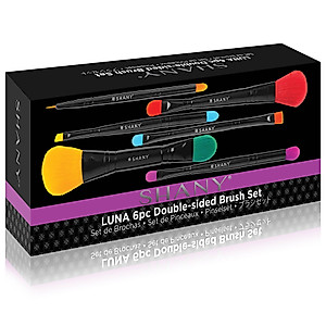 SHANY Vegan Makeup Brushes - LUNA - 6 PC Double Sided Travel Make up Brushes with 12 unique Bristles - with Brush storage Pouch - Synthetic
