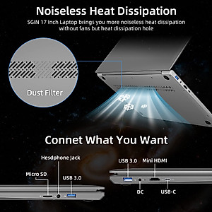 SGIN 17.3 Inch Laptop Computer, 256GB SSD 8GB RAM, 1920 * 1080 IPS FHD Display, Windows 11 Laptop with Quad-Core Intel Celeron J4105 Processors, 8000mAH, USB 3.0, Type-C, Bluetooth 4.2, 2.4/5G WiFi