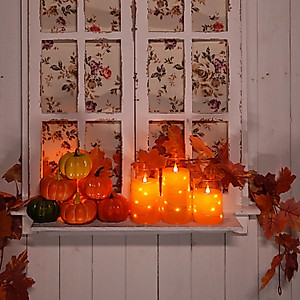 Homemory Halloween Orange Flameless Candles with String Lights, Battery Operated LED Candles with Remote and Timer, Flickering Candles for Halloween Decoration, Fall, Harvest Festival