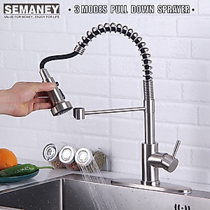 SEMANEY Kitchen Faucets, Brushed Nickel Stainless Steel Single Handle Sink Faucets with Pull Out Sprayer, Pull Down Kitchen Faucet with 10'' Deck Plate to Cover 1 or 3 Holes