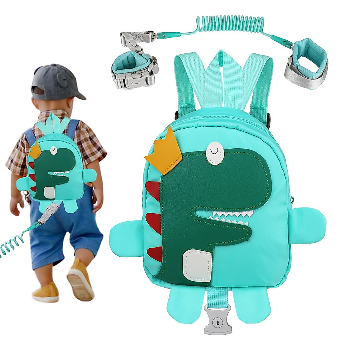 Backpack Leash for Toddlers + Anti Lost Wrist Link, Dinosaur Kids Backpack Harness with Leash for 1-5 Years Old Boys and Girls Christmas Gift (Dinosaur Blue)