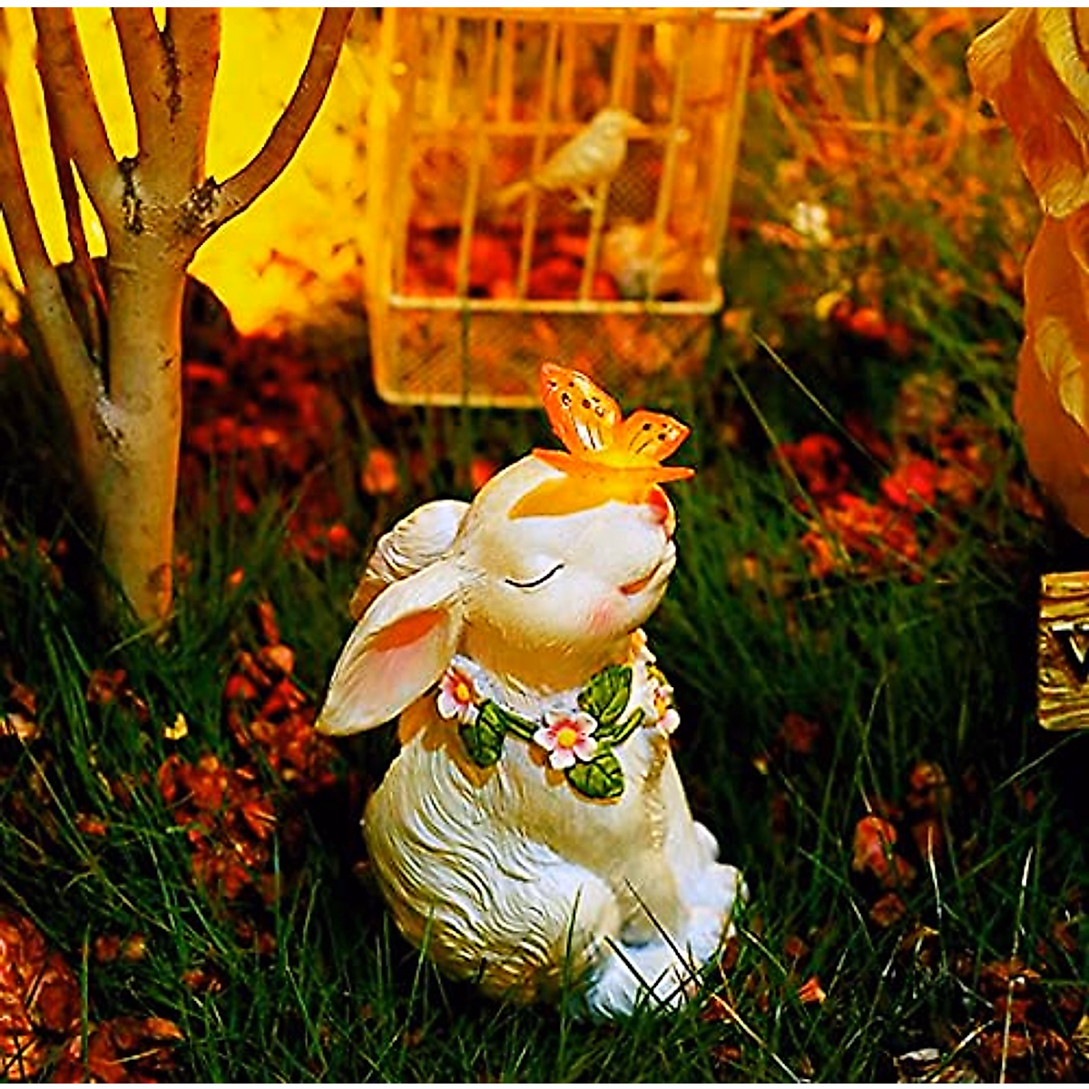 iRonrain Solar Garden Statues Rabbits with Butterfly Halloween Decoration Lights Sculpture, Solar Powered Outdoor Art Décor Bunny Figurine Ornament Resin Lights for Patio Lawn Front Yard (White)