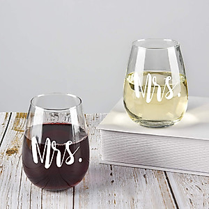 Modwnfy Mrs and Mrs Stemless Wine Glass Set of 2, Couple Set for Her Wife Girlfriend Lesbian Couple, Unique Gift Idea for Wedding Engagement Valentine’s Day Birthday Anniversary, 15 Oz