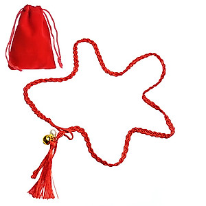 Thin Waist Rope Braid Belt Chain Exotic Women Waist Belt Rope Chain with Tassel Bead Bell Good Luck Belly Rope Bracelet, Red