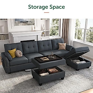 HONBAY Convertible Sectional Sofa Couch Set L-Shape Sofa Couch Set 4 Seat Sofa Sectional with Storage Ottoman for Living Room,Bluish Grey (Sectional+Tray Ottoman)