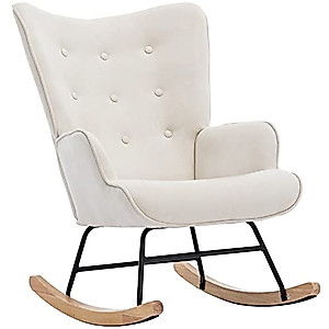 Fabric Nursery Rocking Accent Chair, Modern Tufted Button Wingback Glider Rocker Armchair with Solid Wood Legs, Beige