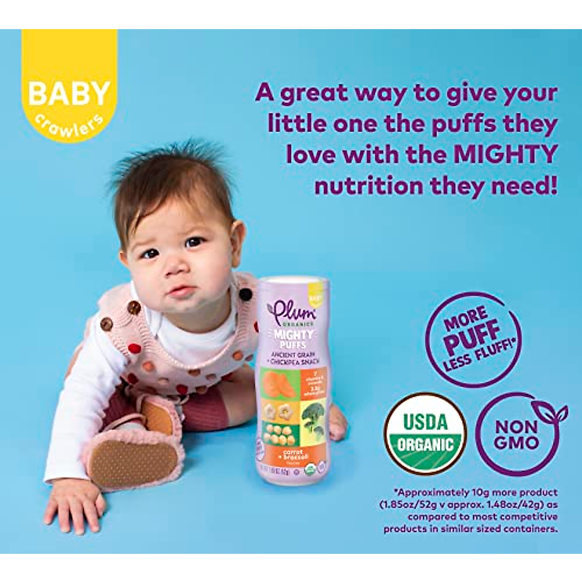 Plum Organics Mighty Puffs Snack For Babies - Variety Pack - (Pack of 6) 1.85 oz - Includes Carrot & Broccoli, Beet & Strawberry, and Spinach & Pea Flavors - Ancient Grain & Chickpea Snacks