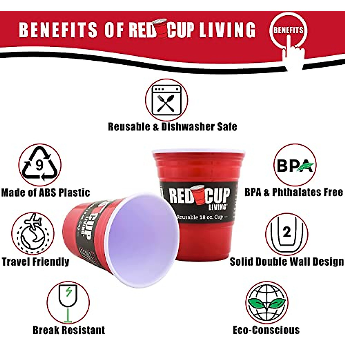 Red Cup Living Reusable Red Plastic Cups, 18 oz Cup - Set of 2 ,Party Cups
