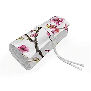 Ambesonne Cherry Blossom Roll Up Pencil Holder, Watercolor Style Oriental Pattern with Sakura Branch, Painting Drawing Pencils Case for Artists Students, 72 Loops, Hot Pink Green Brown