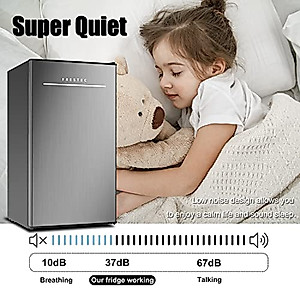 Frestec Mini Fridge with Freezer, 3.2 Cu.Ft Mini Refrigerator with One-touch Easy Defrost,37 dB Low Noise, Compact Small Refrigerator for Dorm, Bedroom, Office (Stainless Steel)