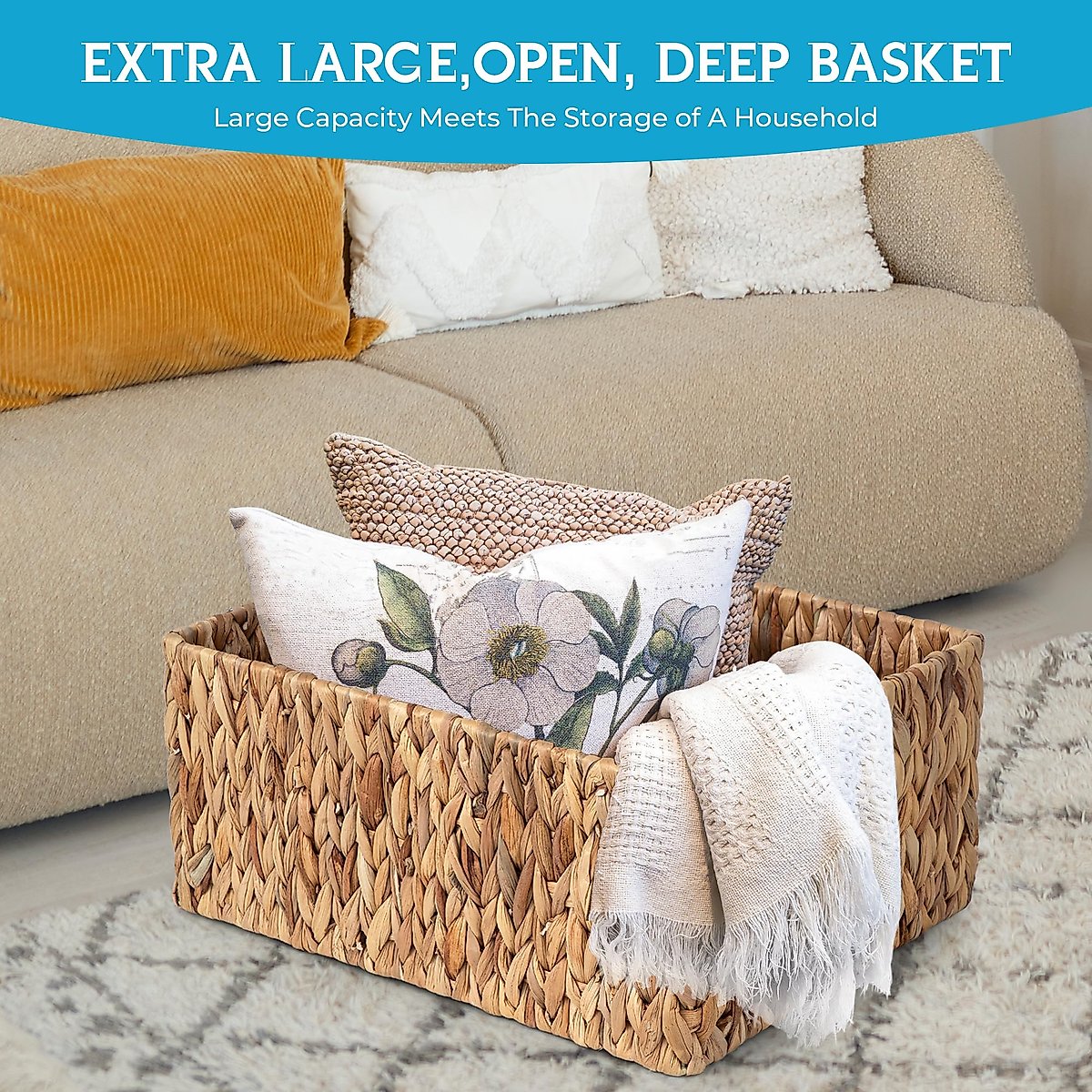 JS HOME Jumbo Wicker Basket for Orgainzing, Extra Large Rectangular Water Hyacinth Storage Wicker Shelf Basket with Built-in Handles, 1 Pack