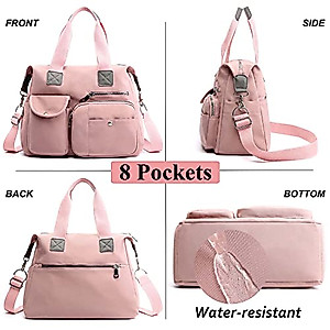 Women Utility Tote Bag Waterproof Nylon Multi Pocket Shoulder Bags Work Bag Teacher Purses and Handbags for Nurses (Baby Pink)