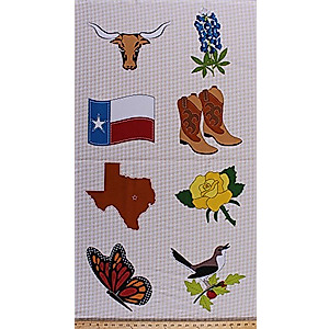 24" X 44" Panel Quilt Across Texas Symbols Symbol Texas Flag Longhorn National Flower Bluebonnet Rose Mockingbird Monarch Butterfly Cowboy Boots Texan on Houndstooth Cotton Fabric Panel (9338)