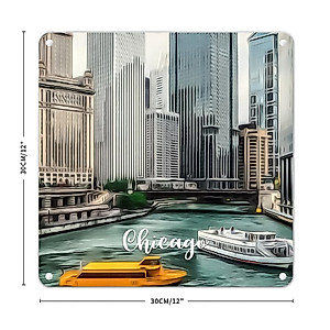 WoGuangis USA City Chicago Metal Plaque Tin Sign American Cities in Illinois States Street Hanging Sign Travel Gift Souvenir Aluminum Art Signs Quality Metal Sign for Front Porch Garden 12x12in