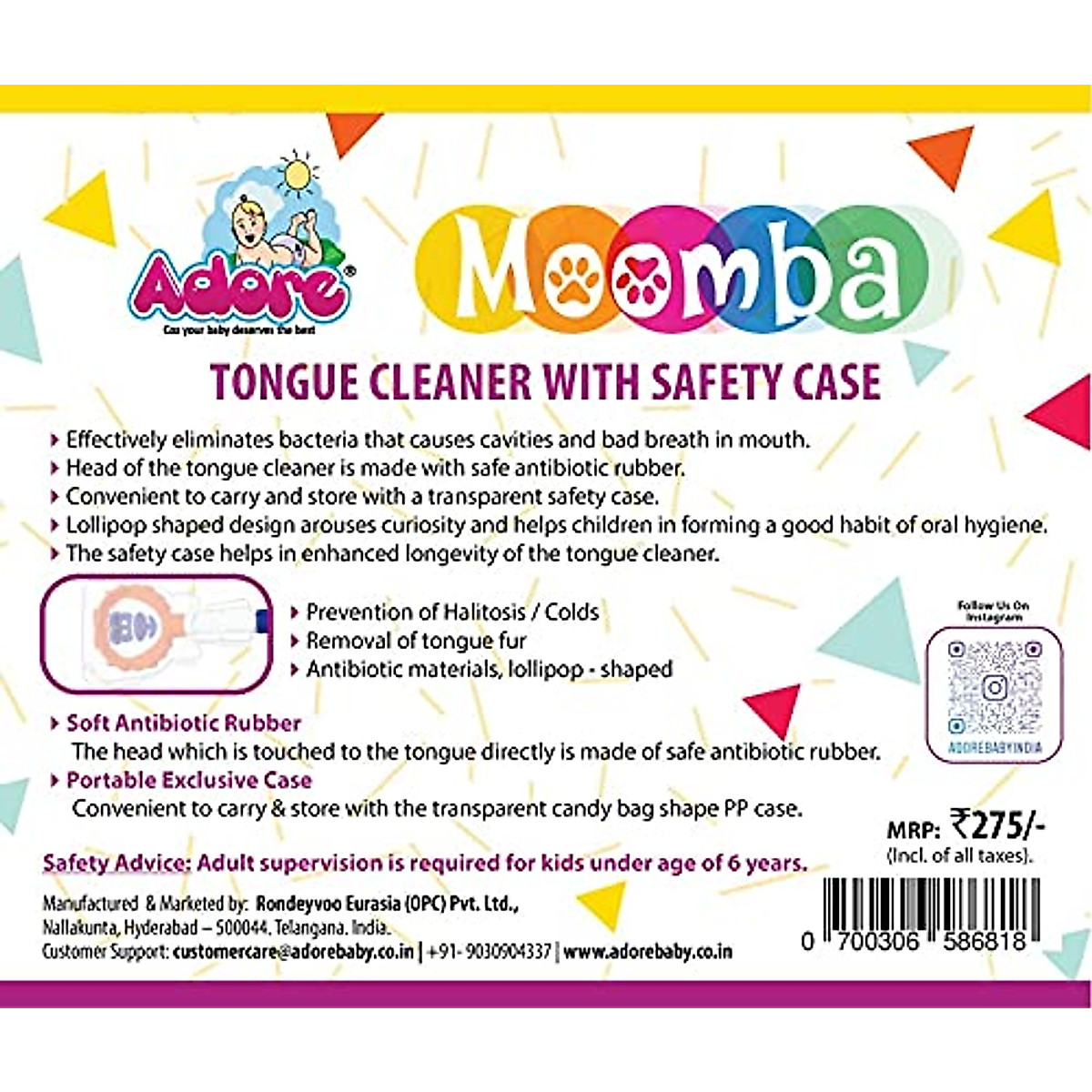 Adore Moomba Tongue cleaner with Safty case Best for child oral care, Multicolour (Pack of 5)
