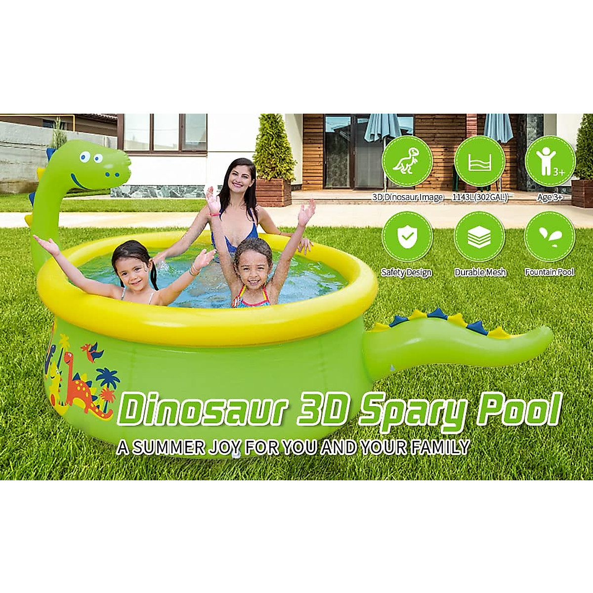 Inflatable Above Ground Family Size Pop up Pool for Kids Kiddie Kiddy Toddler Adult Hard Plastic Dinosaur Sprinkler Round Top Ring Pools for Outdoor Garden Backyard Summer Water Party 70" X 25"