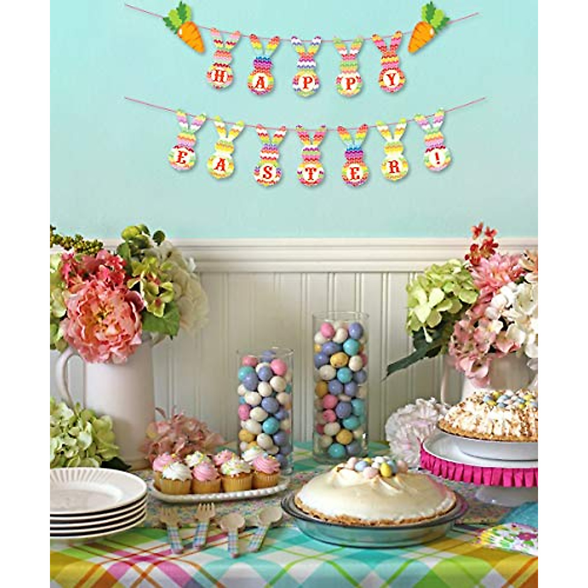 Easter Banner and Balloons Decorations, Happy Easter Bunny Banner Garland and 20 Pcs Bunny Pattern Balloons for Easter Home Decor Party Supplies (A)