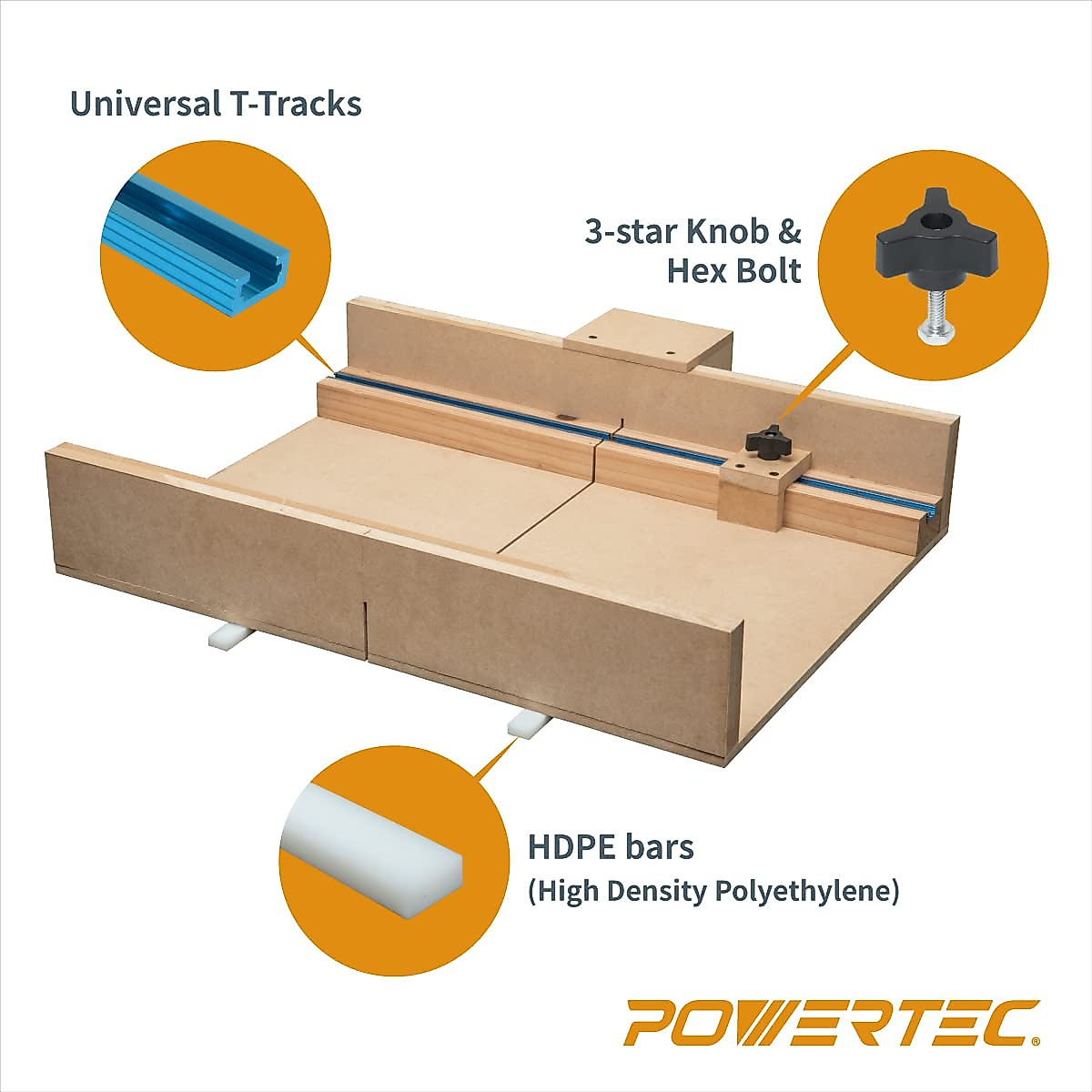 POWERTEC 71673 Table Saw Sled Kit w/T-Tracks, Miter Bars, Knob, Bolt and Screws Set