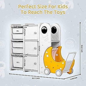 duke baby Kids 3 Layer Toy Storage Organizer with 5 Storage Bins, 3 Toy Cabinets with Doors, Display Bookshelves and Toy Cart for Kids Playroom Bedrooms Age 1-12, Space Collection Medium