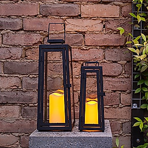 Lights4fun, Inc. Set of 2 Black Metal Battery Operated 15" & 12" Tall LED Flameless Candle Lanterns Lights for Indoor Outdoor Use