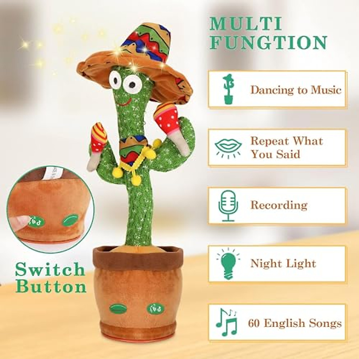 MIAODAM Dancing Cactus Toy Singing, Talking, Repeating Cactus, Funny Electric Dancing Talking Cactus Repeating Toys for Kids, Plush Interactive Toy Figures