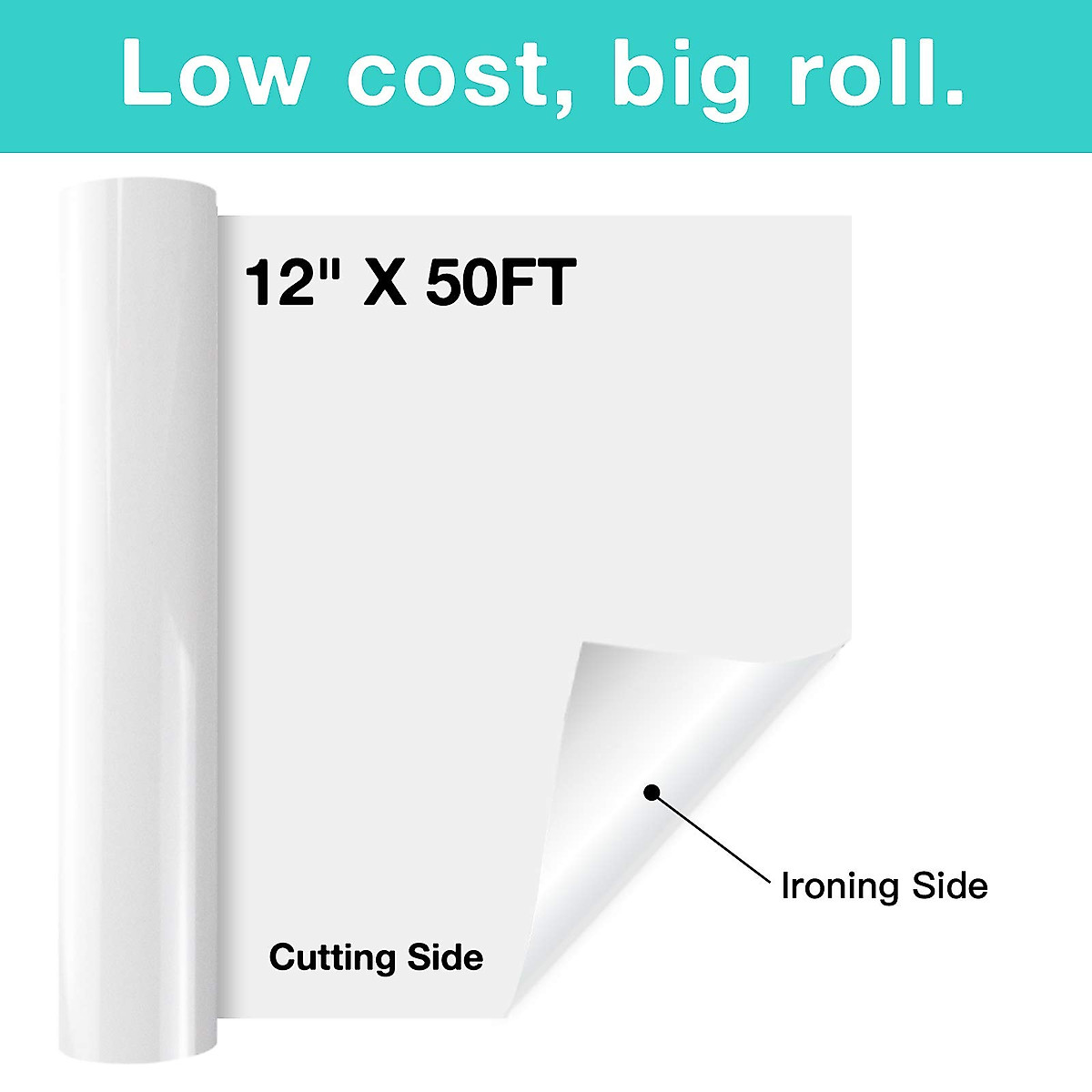 HTVRONT White Heat Transfer Vinyl HTV Roll 12" x 50FT - White Iron on Vinyl Roll for Cricut & Silhouette - Easy to Cut & Weed White HTV Vinyl Roll