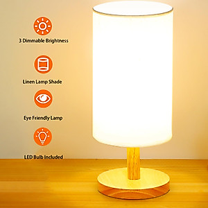 AFROG Table Lamp for Bedroom - 3 Way Dimmable Nightstand Lamp with Round Flaxen Fabric Shade for Living Room Kids Room Office Dorm,Solid Wood,12W, LED Bulb Included
