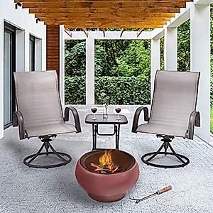 Teamson Home Outdoor 20.07 in. Round Wood-Burning Fire Pit with Faux Concrete Base, Spark Screen, Stainless Steel Grill Grate, Removable Fire Bowl and Poker, Maroon