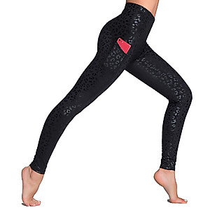 Dragon Fit High Waist Yoga Leggings with 3 Pockets,Tummy Control Workout Running 4 Way Stretch Yoga Pants (Medium, Black Leopard)