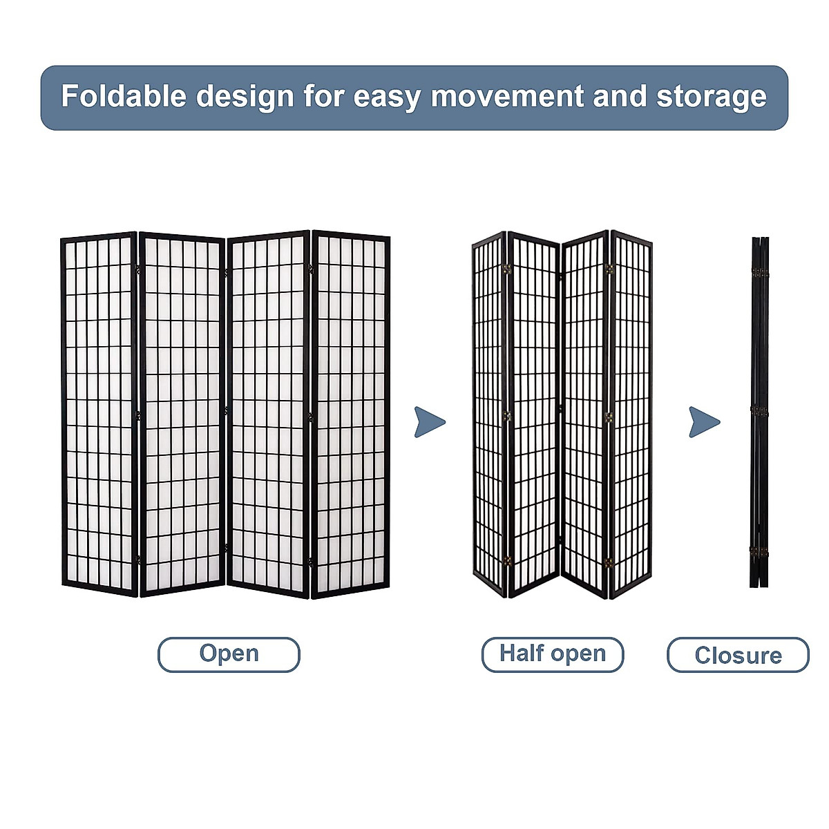 Salfanre Japanese Room Divider, 6 Panel Room Divider, Shoji Screen Room Divider, Folding Screen, Japanese Style, 5.6 Ft, Black