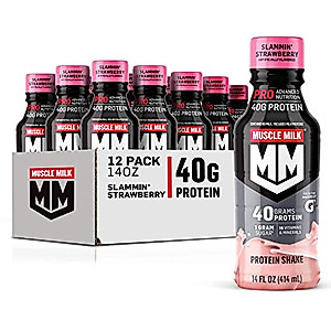 Muscle Milk Pro Advanced Nutrition Protein Shake, Slammin' Strawberry, 14 Fl Oz Bottle, 12 Pack, 40g Protein, 1g Sugar, 16 Vitamins & Minerals, 6g Fiber, Workout Recovery, Packaging May Vary