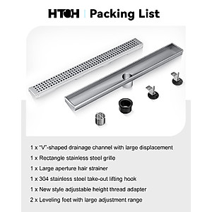 HTOH Shower Drain, Linear Shower Drain 24 Inch(Brushed Nickel),Modern 304 Stainless Steel Shower Floor Drain with Grate Removable, Adjustable Leveling Feet, Rectangular Shower Drain
