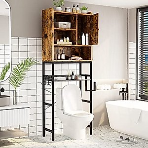 AWQM Over The Toilet Storage Cabinet, Bathroom Cabinet Organizer with Adjustable Shelf, Freestanding Space Saver Toilet Stands with Door, Paper Hook, Multifunctional Bathroom Toilet Rack, Rustic Brown