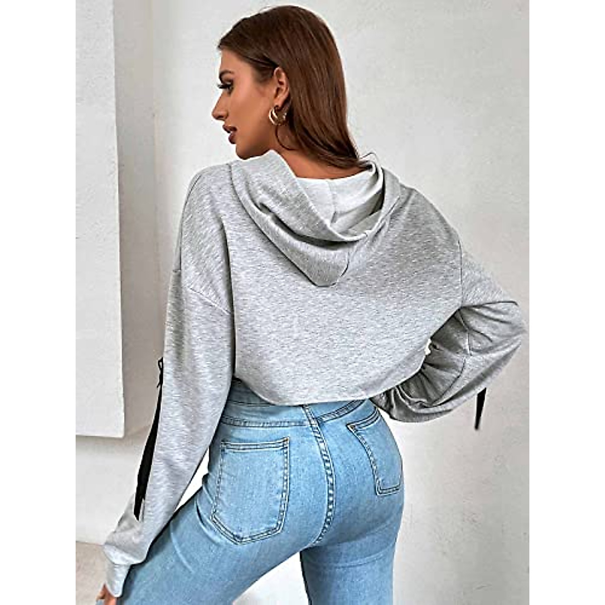 Women Long Sleeve Cropped Super Crop Top Hoodies Sweatshirt Aesthetic Punk Hip Hop Dance Sexy Rave Festival Clothes Going Out Tops Light Grey M