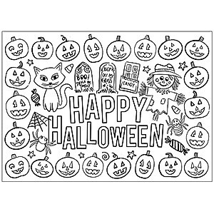 Iconikal Color-Your-Own 2-Sided Reversible Disposable Paper Place Mats, Happy Halloween, 14 x 10-Inches, 22-Count