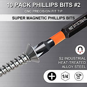 10-Pack Phillips Bits #2 Impact Magnetic 2 Phillips Bits- PH2 Bits Premium S2 Alloy Steel Phillips Head Drill Bits- Phillips Screwdriver Bits (2-Inch Long Phillips Bit Set) 1/4 Hex Shank Screw Bits