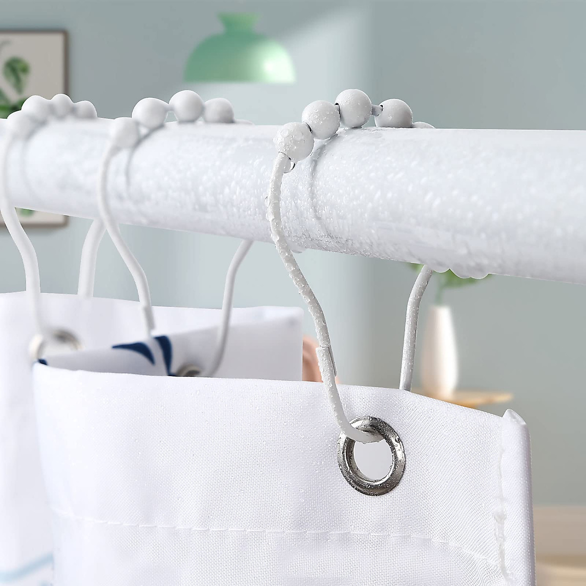 Shower Curtain Hooks, OEH Stainless Steel Shower Curtain Rings, Roller Gliding Shower Hooks for Shower Curtain, Rustproof Shower Rings for Curtain, Shower Curtain, Shower Rod, Set of 12, White