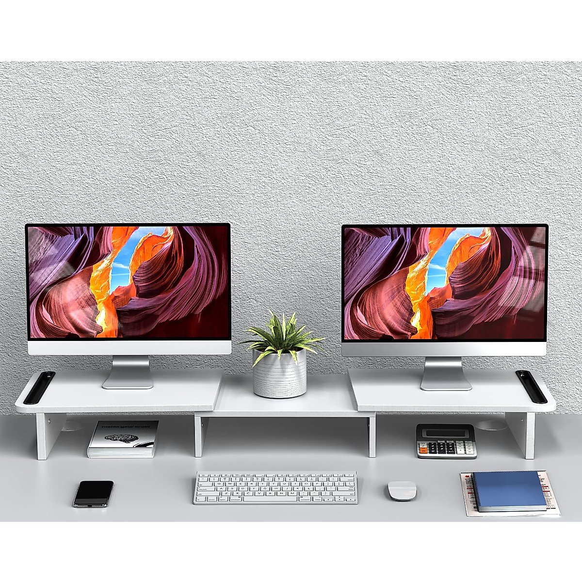 Zimilar 2 Pack Monitor Stand Riser, 3 Height Adjustable Monitor Stand with Unique Star Mesh for Computer + Dual Monitor Stand Riser, Monitor Stand with Adjustable Length and Angle, Wood Monitor riser
