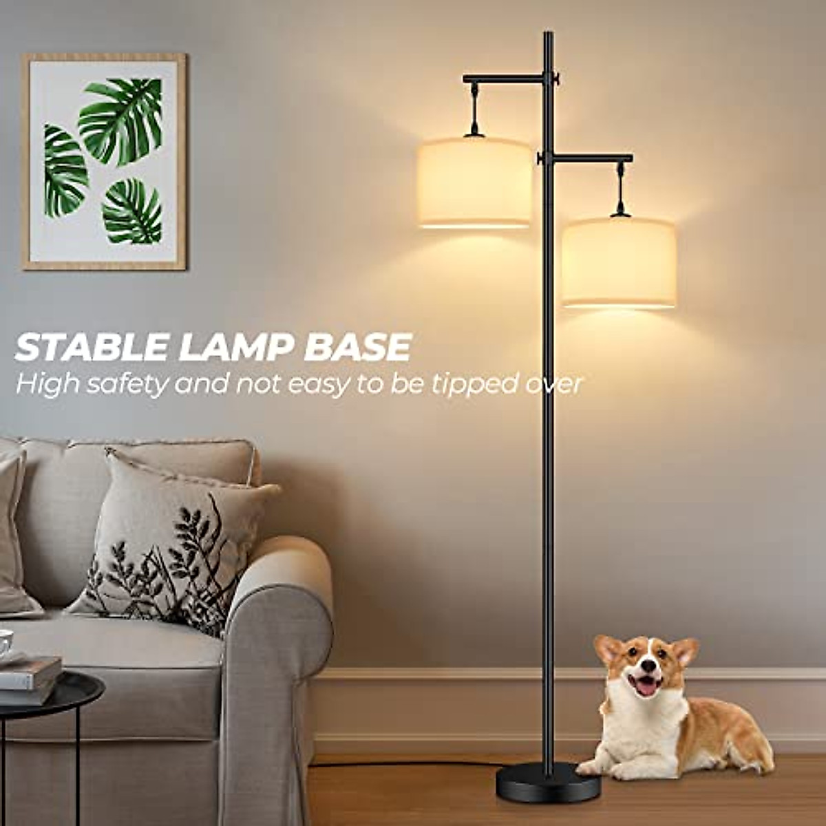 Modern Farmhouse Floor Lamp for Living Room, 2-Light 69.3in Tall Standing Lamp for Bedroom Office, Black Industrial Pole Light Reading Lamp, Stand Up Lights with White Fabric Shades & Foot Switch