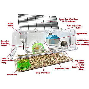 Deluxe 2-Tiers Acrylic Dwarf Hamster Home Mouse Gerbil Palace Rat Habitat Cage Running Wheel Water Bottle Food Bowl (19" x 12" x 11"H, Acrylic Clear)