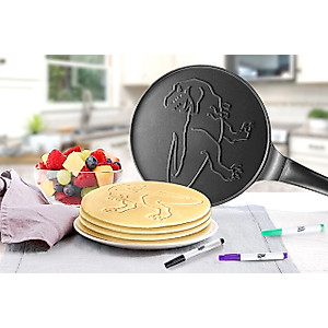 Jumbo Dinosaur Pancake Pan - Make Giant 10" Jurassic Pancakes for Magical Kid's Dino Christmas Breakfast - Includes 6 Edible Markers For Added Family Fun - Non Stick Griddle, Cool Unique Holiday Gift