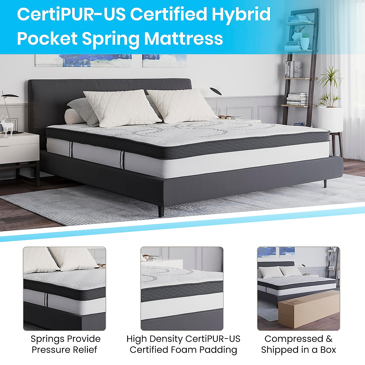 EMMA + OLIVER Astor 12 Inch CertiPUR-US Certified Hybrid Pocket Spring Mattress, King Mattress in a Box